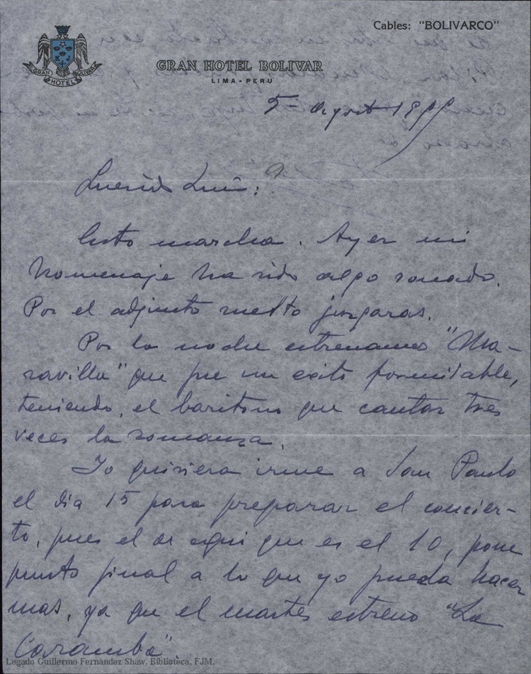 Cartas De Federico Moreno Torroba a Luis [?] contándole los éxitos que ...