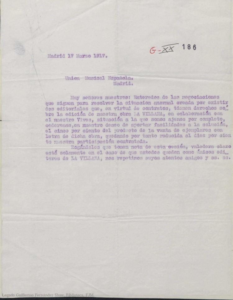 Carta de "La Unión Musical Española" a Guillermo Fernández-Shaw y ...