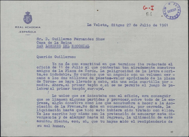 Carta de un miembro de la Real Academia Española, de firma ilegible, a ...