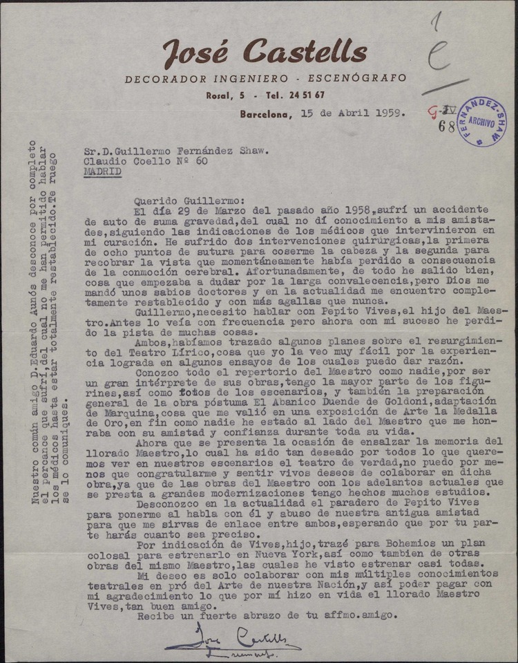 Carta de José Castells a Guillermo Fernández-Shaw, pidiéndole le ponga ...