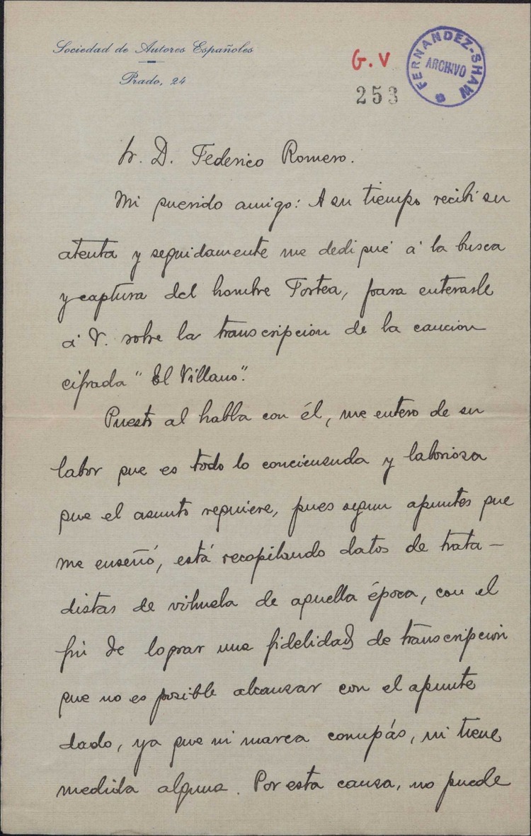 Carta de Ángel Andrada a Federico Romero, hablando sobre una ...