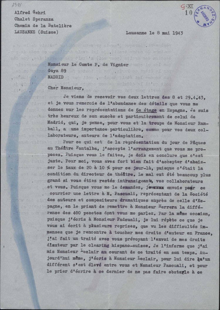 Carta de Alfred Gehri al Conde de Vignier, agradeciendo los detalles ...