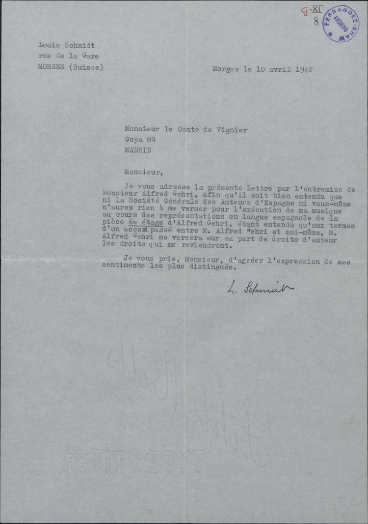 Carta de Louis Schmidt comunicando al Conde de Vignier cierto asunto en ...