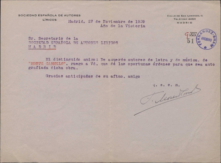 Carta de Federico Moreno Torroba al Secretario de la Sociedad Española ...
