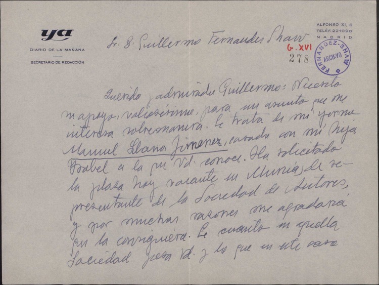 Carta de Raimundo de los Reyes a Guillermo Fernández-Shaw, recomendando ...