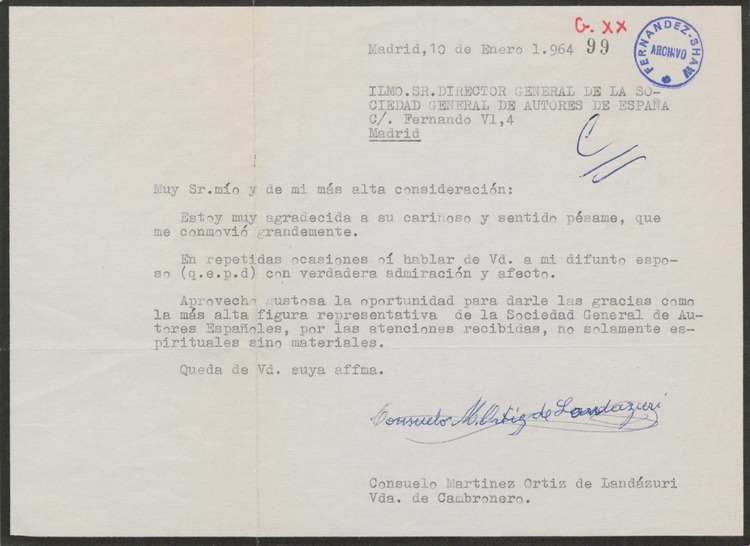 Carta de Consuelo Martínez Ortiz de Landázuri, viuda de Cambronero, a ...