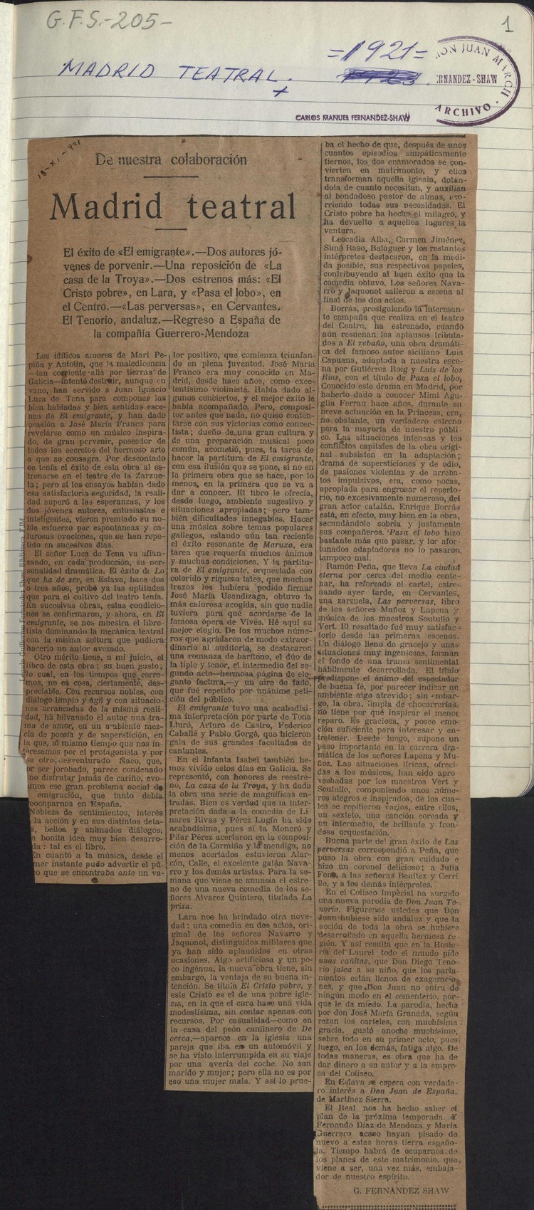 Cuaderno 205 (1921-1925). Colaboraciones de Guillermo Fernández-Shaw en ...