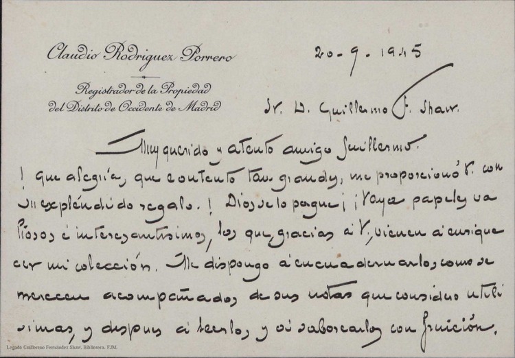 Tarjeta de Claudio Rodríguez Porrero a Guillermo Fernández-Shaw ...
