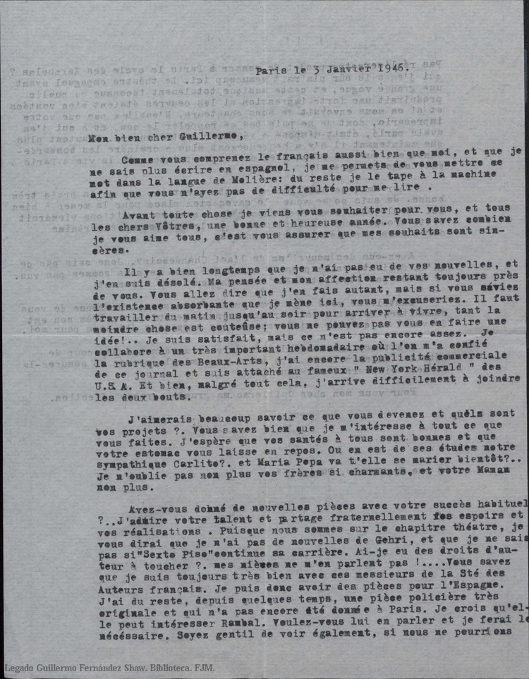 Carta de Pierre de Vignier a Guillermo Fernández-Shaw, contándole ...