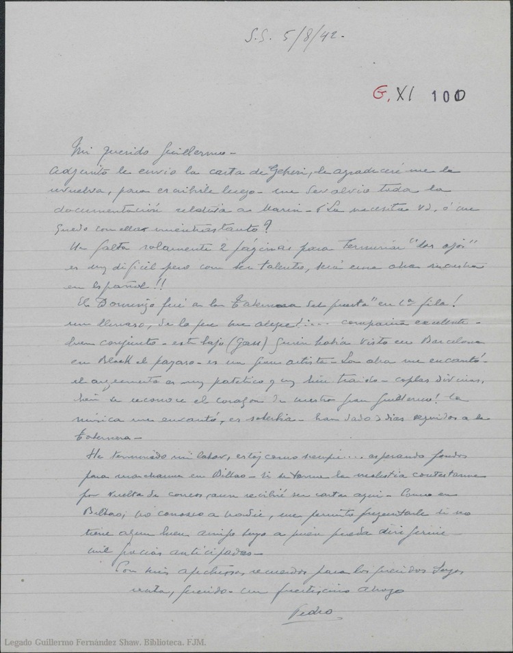 Carta de Pierre de Vignier a Guillermo Fernández-Shaw, remitiéndole una ...