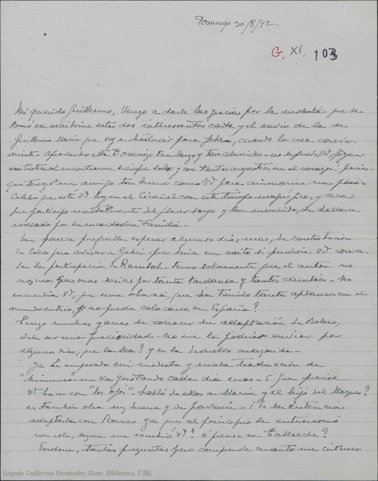 Carta de Pierre de Vignier a Guillermo Fernández-Shaw, diciéndole que ...