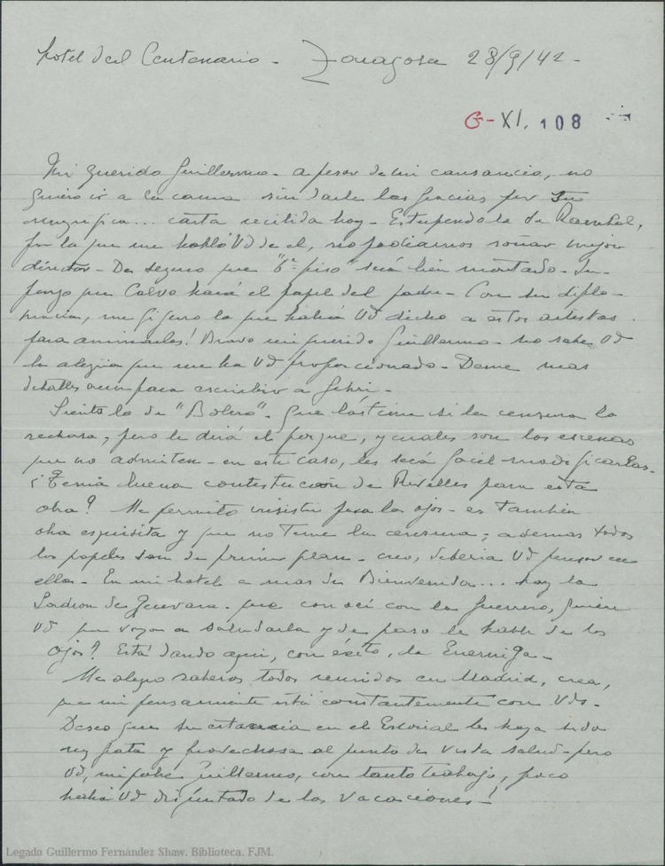 Carta de Pierre de Vignier a Guillermo Fernández-Shaw, diciéndole que ...