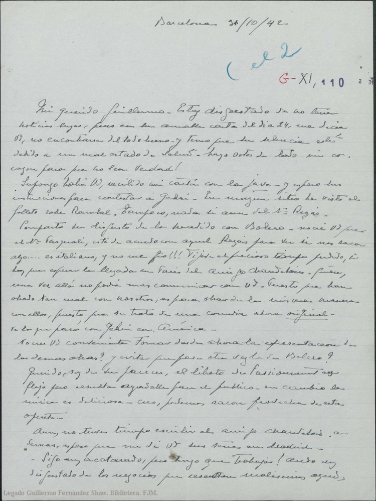 Carta de Pierre de Vignier a Guillermo Fernández-Shaw, interesándose ...