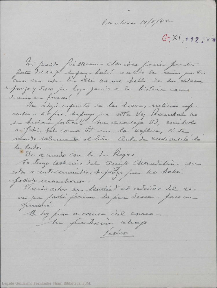 Carta de Pierre de Vignier a Guillermo Fernández-Shaw, dando un repaso ...