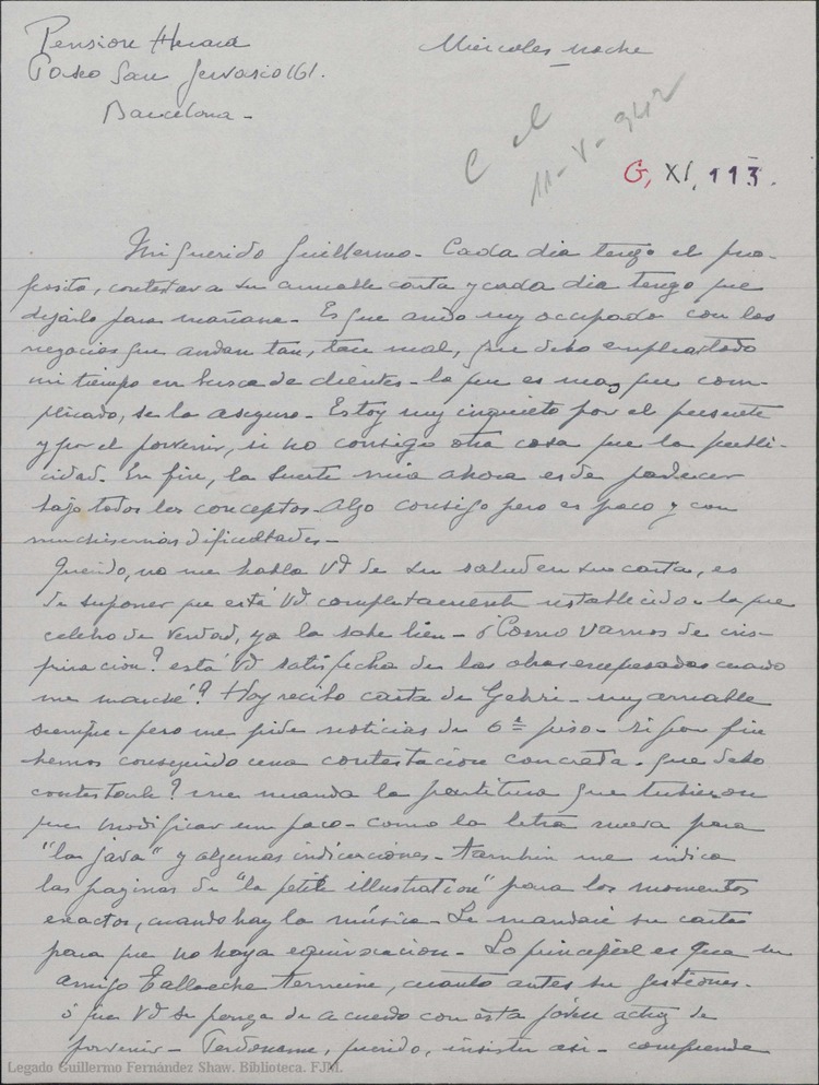 Carta de Pierre de Vignier a Guillermo Fernández-Shaw, diciendo que ha ...