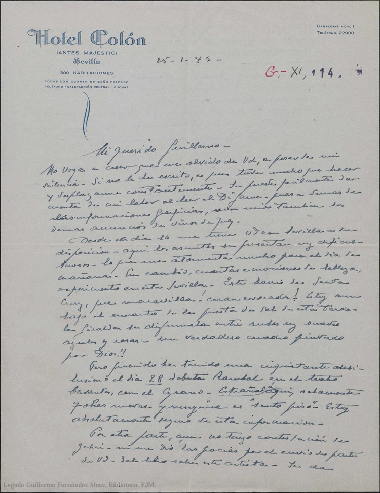 Carta de Pierre de Vignier a Guillermo Fernández-Shaw, comentando que ...