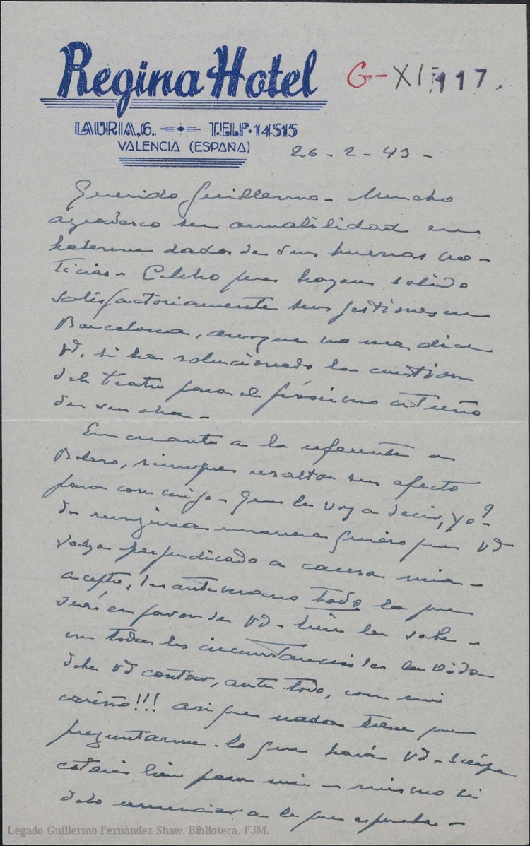 Carta de Pierre de Vignier a Guillermo Fernández-Shaw, esperando con ...