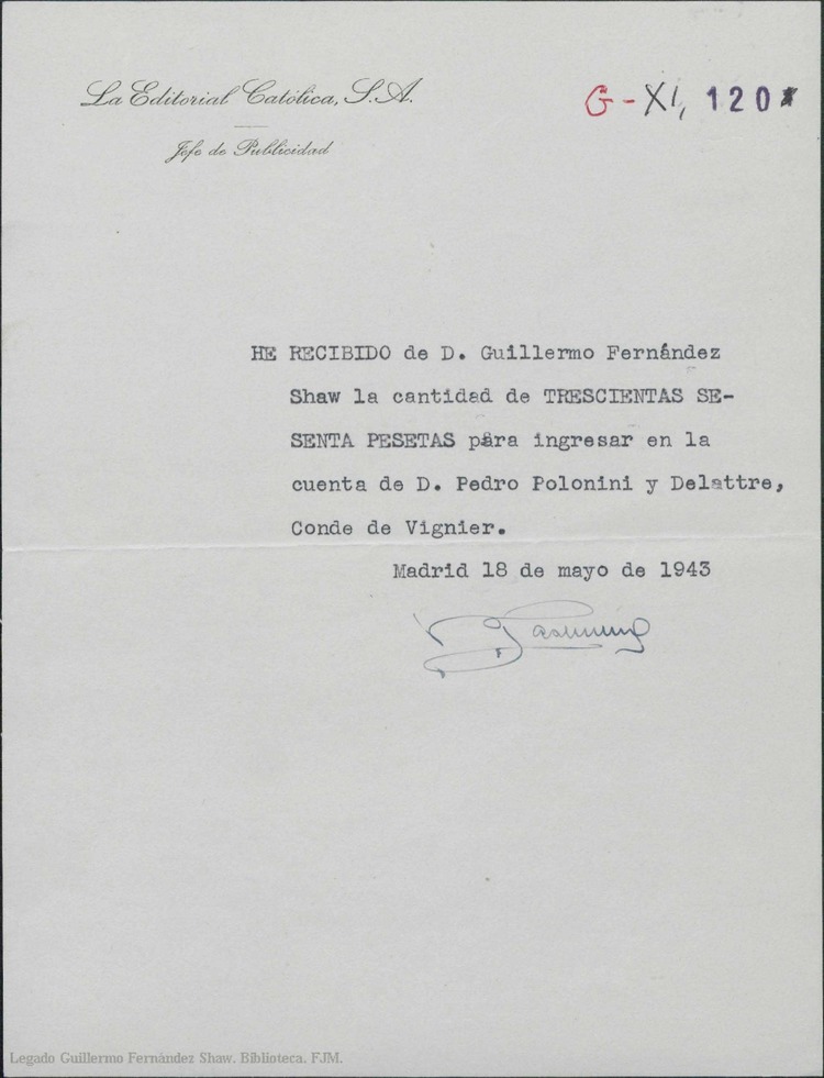 Recibo de Guillermo Fernández-Shaw para ingresar un dinero en la cuenta ...