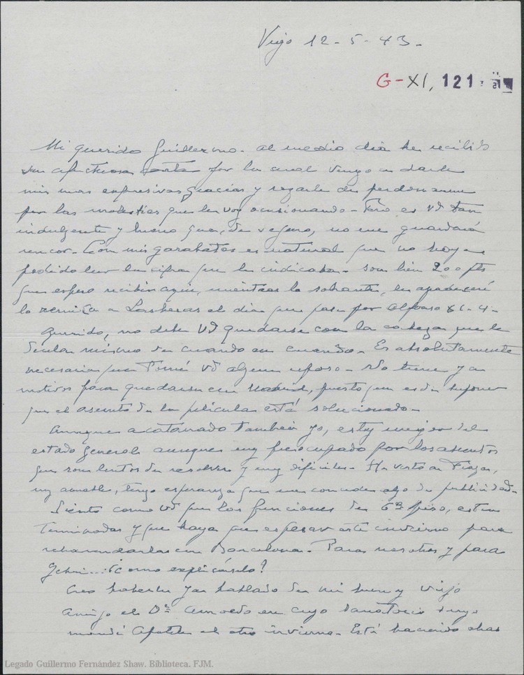 Carta de Pierre de Vignier a Guillermo Fernández-Shaw, pidiéndole que ...