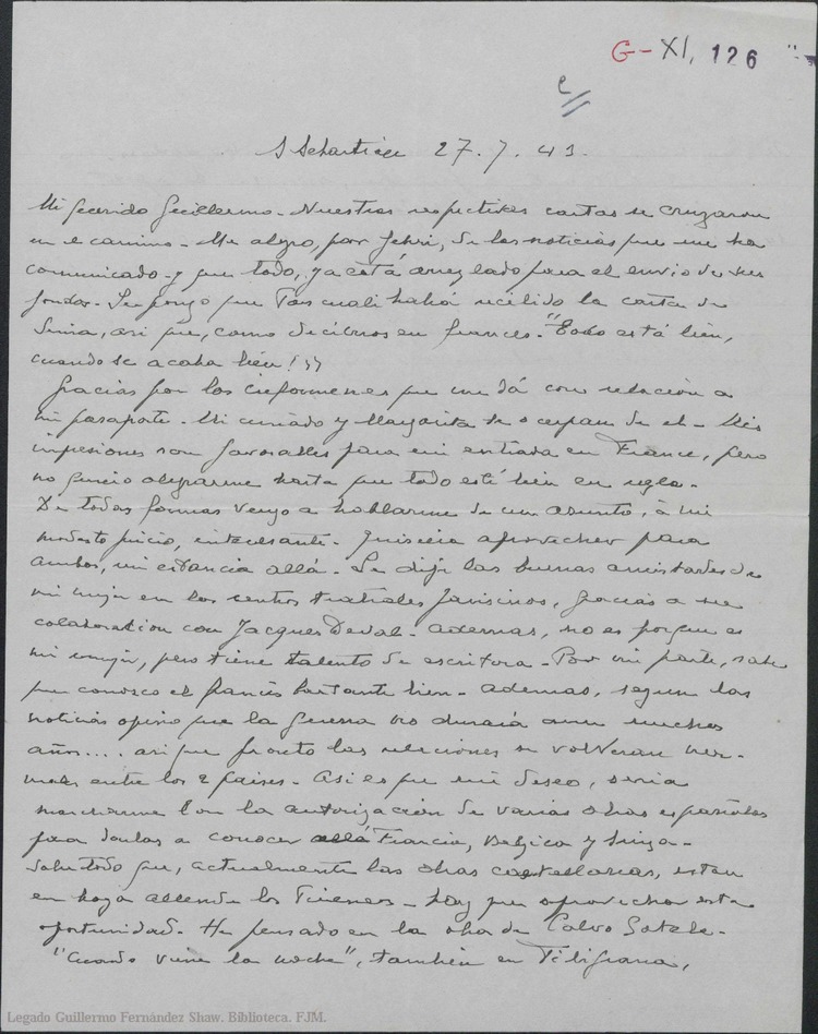 Carta de Pierre de Vignier a Guillermo Fernández-Shaw, alegrándose de ...
