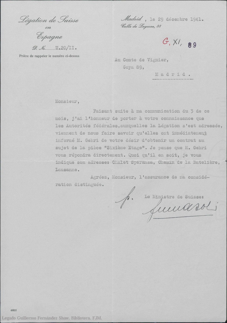 Carta de la Legación Suiza en España al Conde de Vignier, comunicándole ...