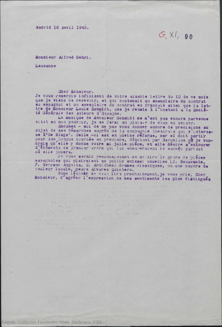 Carta de Pierre de Vignier a Alfred Gehri, acusando recibo del contrato ...