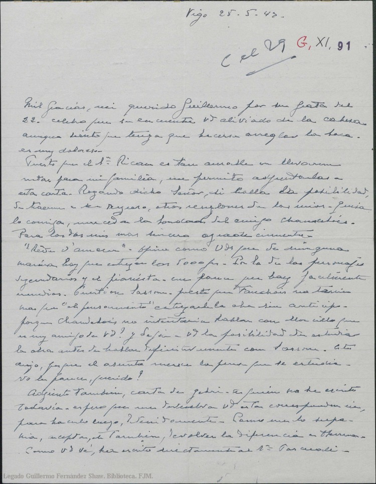 Carta de Pierre de Vignier a Guillermo Fernández-Shaw, hablando de ...