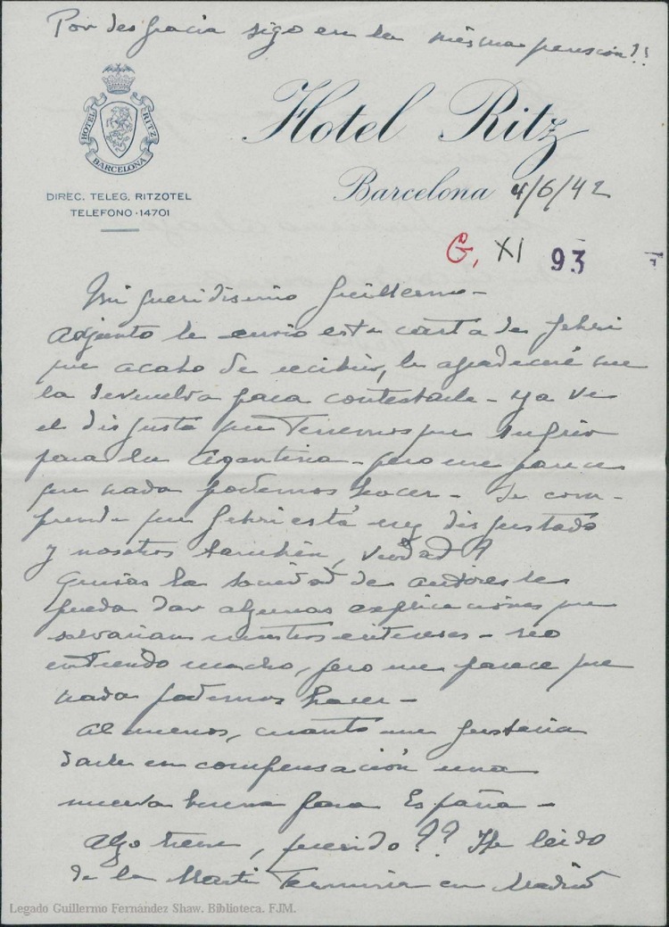 Carta de Pierre de Vignier a Guillermo Fernández-Shaw, adjuntándole una ...