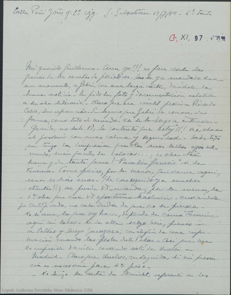 Carta de Pierre de Vignier a Guillermo Fernández-Shaw, agradeciendo los ...