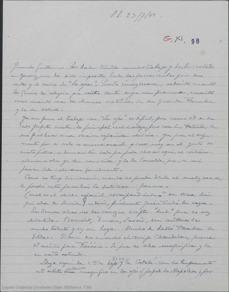 Carta de Pierre de Vignier a Guillermo Fernández-Shaw, hablando de ...