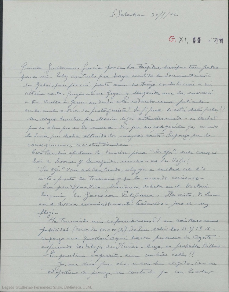 Carta de Pierre de Vignier a Guillermo Fernández-Shaw, contento de que ...