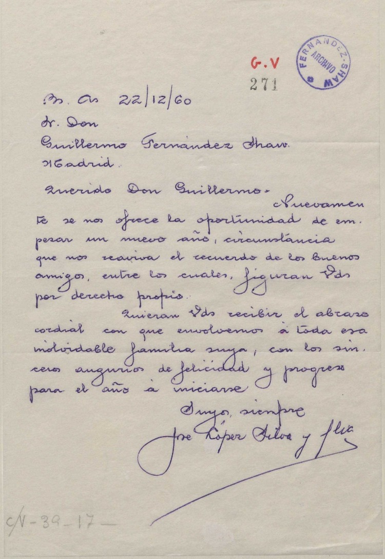 Carta de José López Silva a Guillermo Fernández-Shaw, felicitándole el ...
