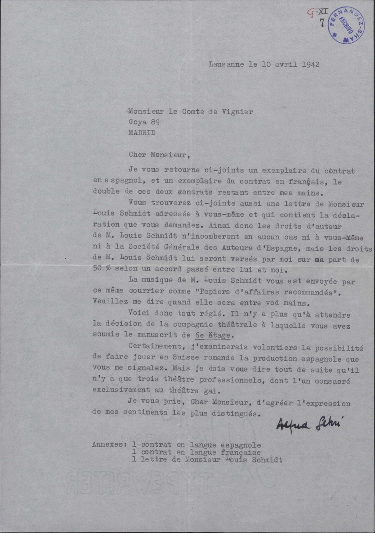Carta de Alfred Gehri al Conde de Vignier, enviándole unos contratos ...