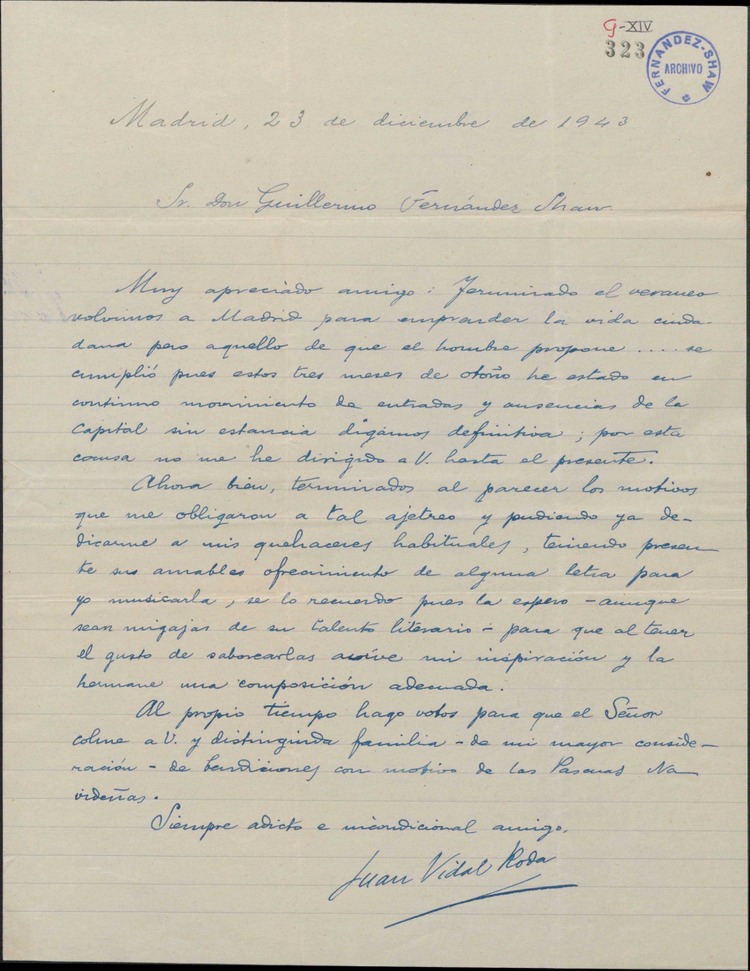 Carta de Juan Vidal Roda a Guillermo Fernández-Shaw, recordándole su ...