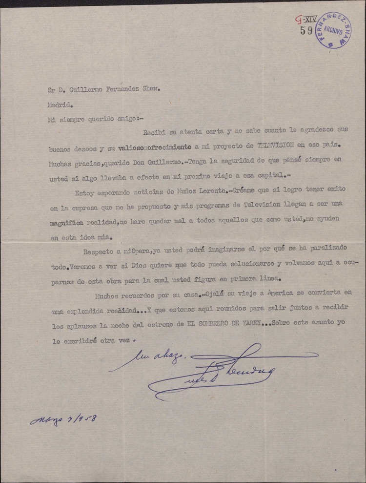 Carta de Ernesto Lecuona a Guillermo Fernández-Shaw, agradeciendo su ...