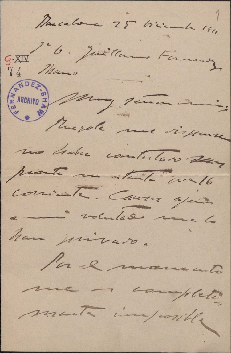 Carta de Enric Morera a Guillermo Fernández-Shaw, rehusando la ...