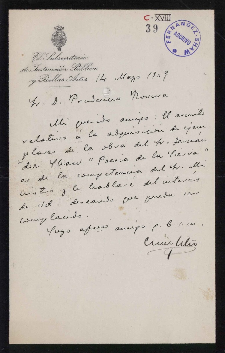 Cartas de Cesar Silió a Prudencio Rovira. - La saga Fernández Shaw y el ...