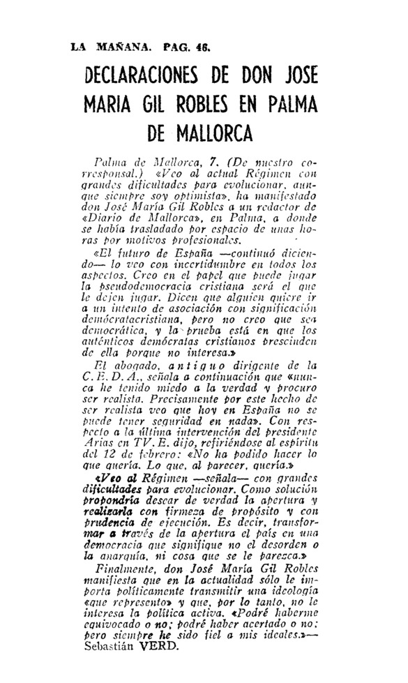 Declaraciones de Don José María Gil Robles en Palma de Mallorca ...