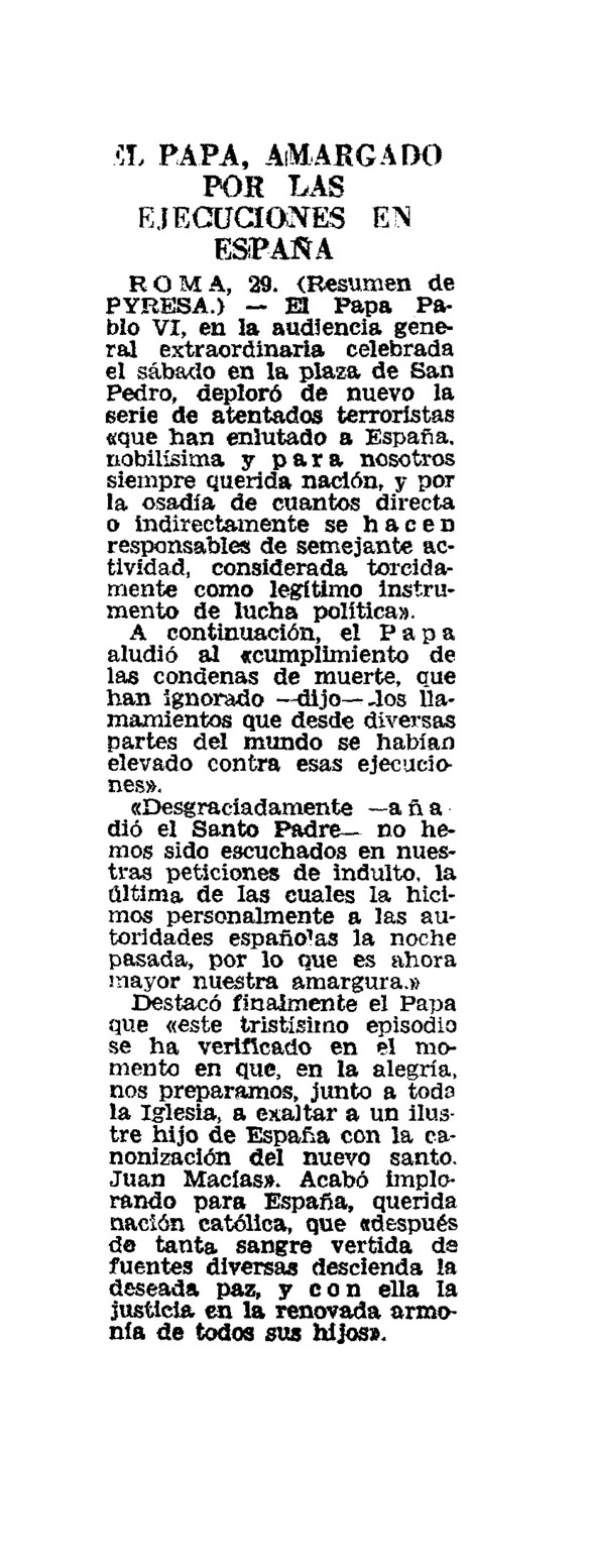 El Papa, amargado por las ejecuciones de España - Archivo Linz de la ...
