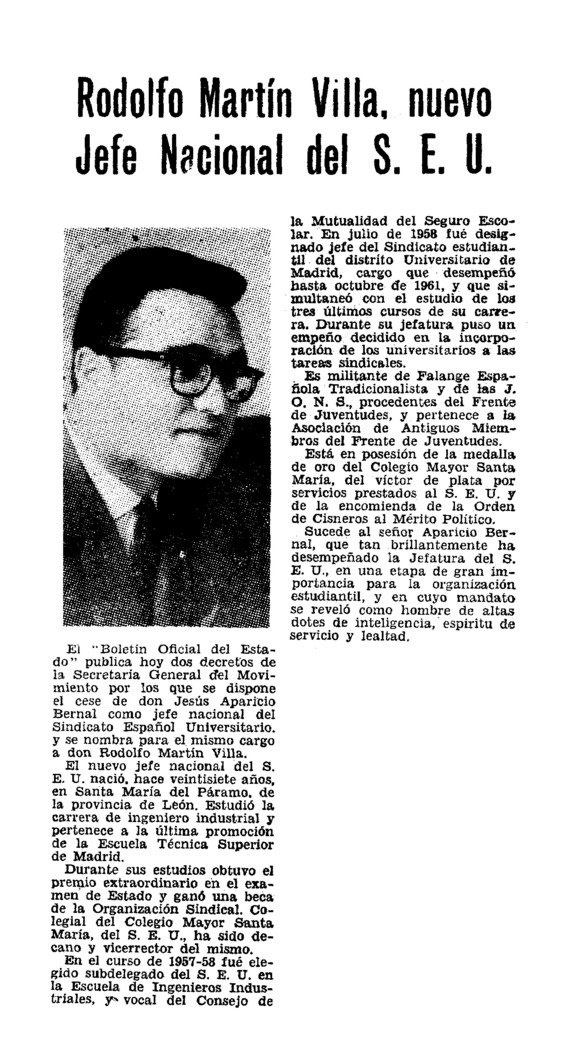 Rodolfo Martín Villa, nuevo Jefe Nacional del SEU - Archivo Linz de la ...