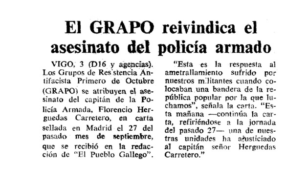 El GRAPO reivindica el asesinato del policía armado - Archivo Linz de ...