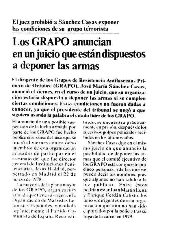 Los GRAPO anuncian en un juicio que están dispuestos a deponer las ...