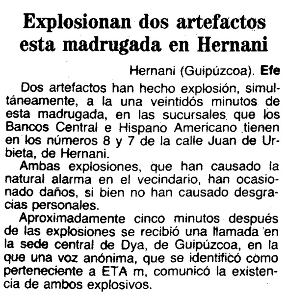 Explosionan dos artefactos esta madrugada en Hernani - Archivo Linz de la Transición española ...