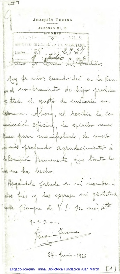 Carta manuscrita de agradecimiento dirigida al conde de Bustillo ...
